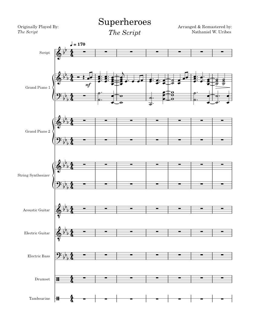 Superheroes by The Script Sheet Music for Piano, Mellophone, Tambourine ...