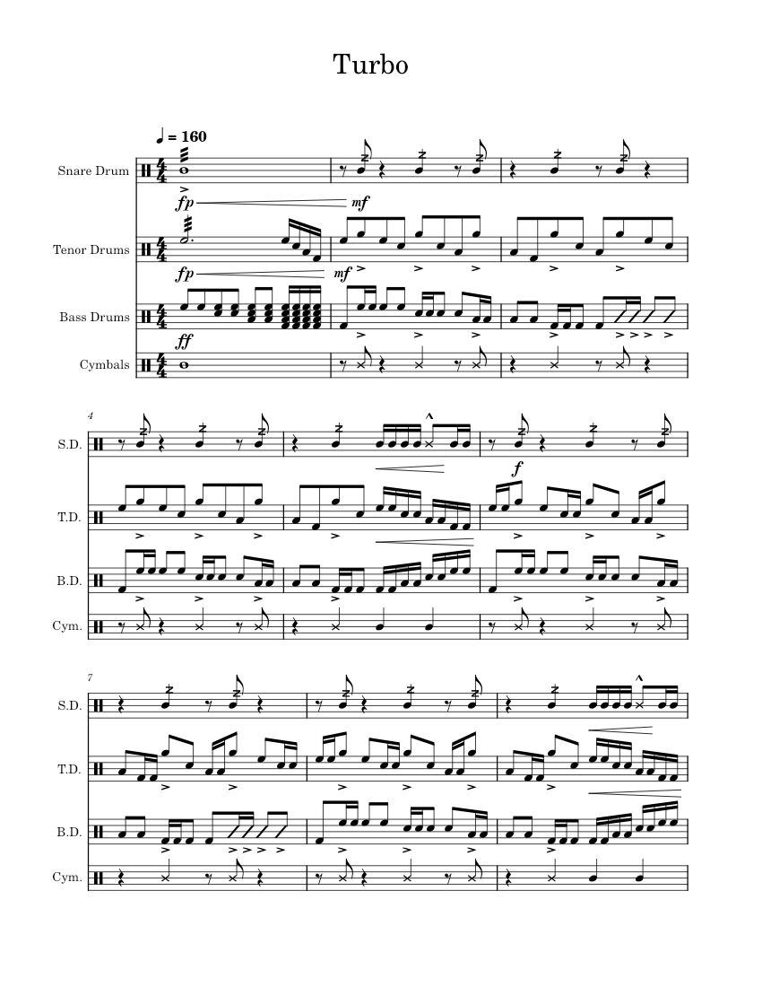 Turbo Sheet Music for Snare drum, Crash, Tenor drum, Bass drum ...