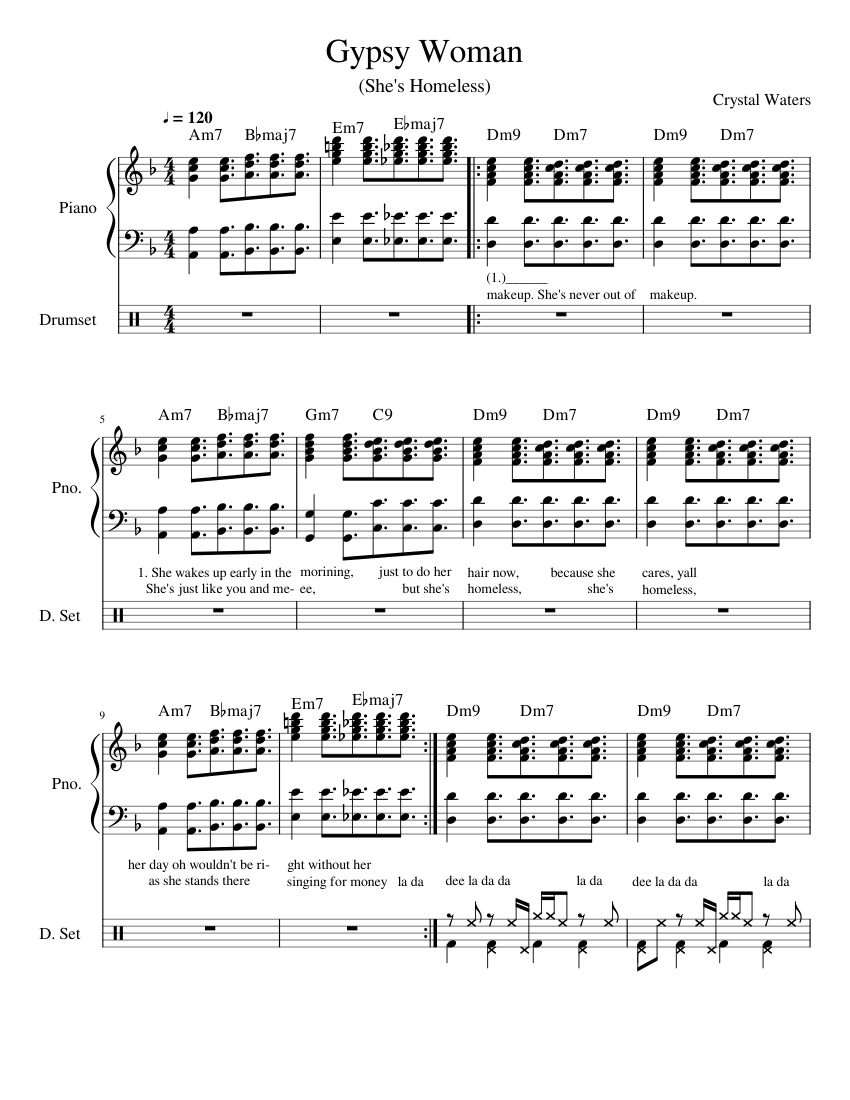 Gypsy Woman (She's Homeless) Sheet Music with Chords for Piano, Drum ...