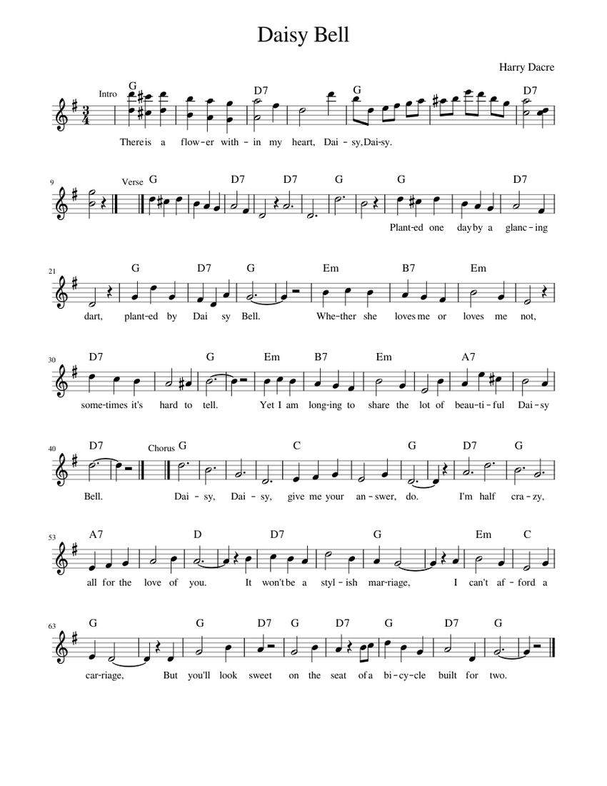 Harry Dacre - Daisy Bell Sheet Music with Chords for Piano (Solo) easy ...