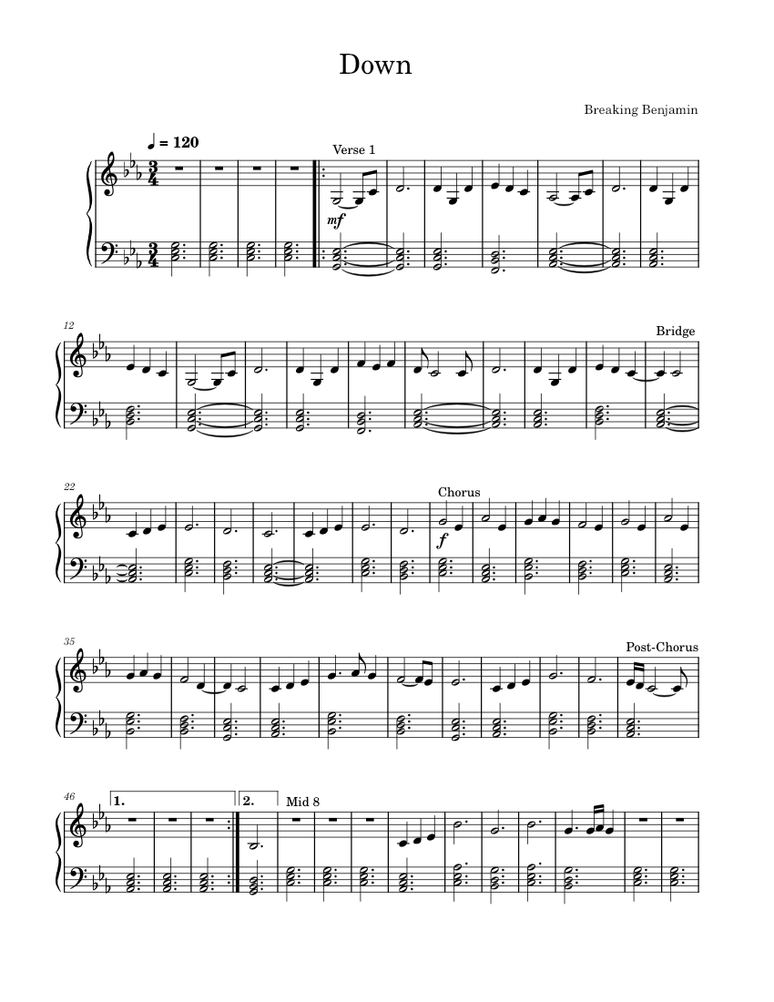 Down – Breaking Benjamin - piano tutorial