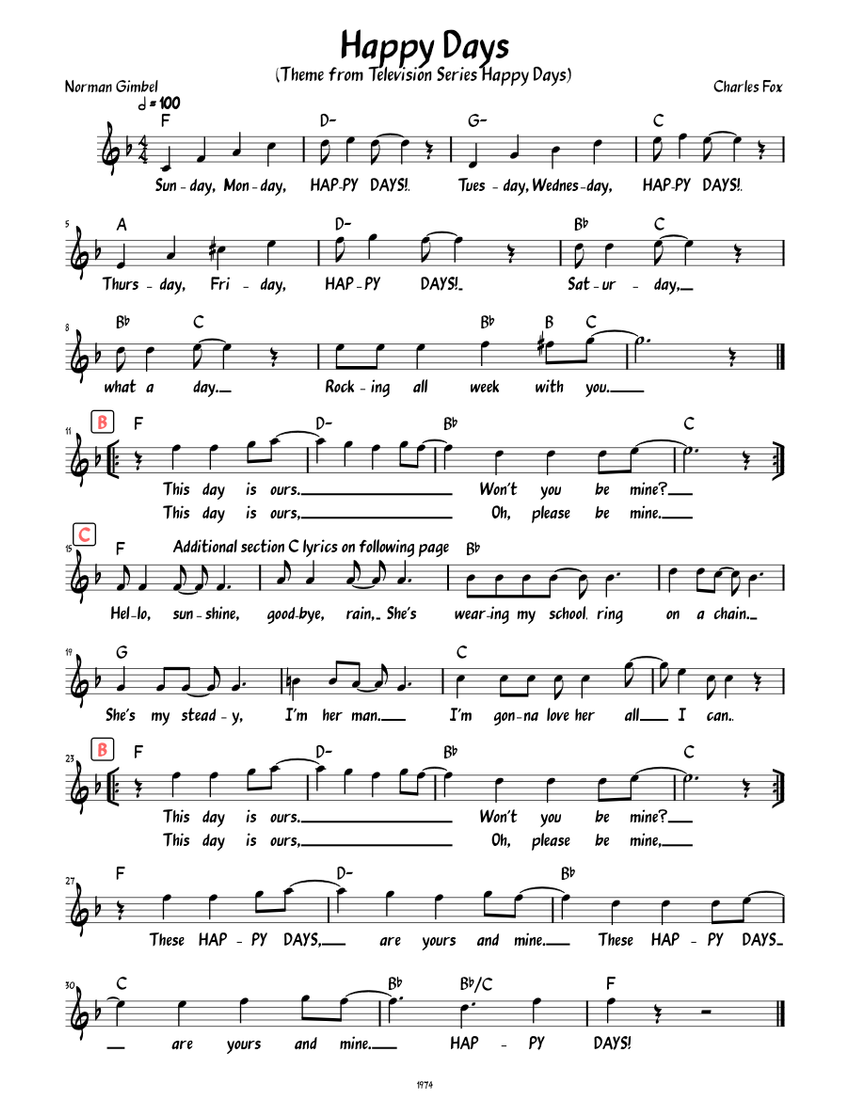 Happy Days Theme (Lead sheet with lyrics ) Sheet music for Piano (Solo ...