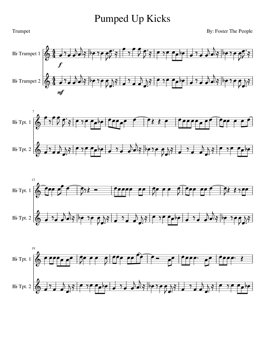 Pumped Up Kicks Trumpet Duet Sheet Music for Trumpet in b-flat (Brass ...