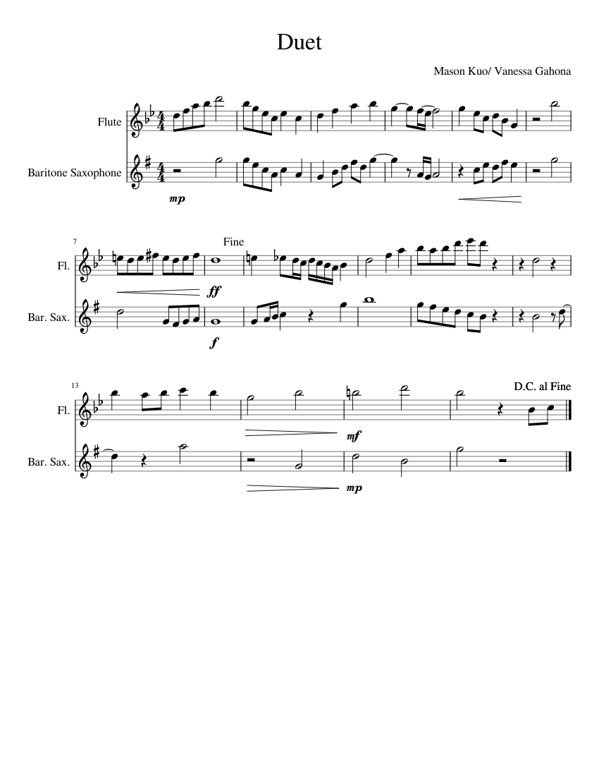 Duet Sheet music for Flute, Saxophone baritone (Woodwind Duet ...