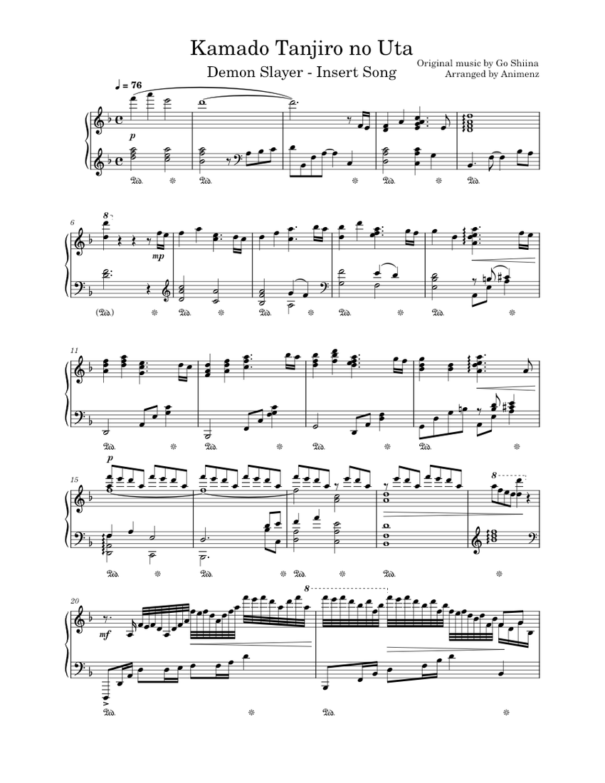 Kamado Tanjiro no Uta – Animenz Sheet music for Piano (Solo ...