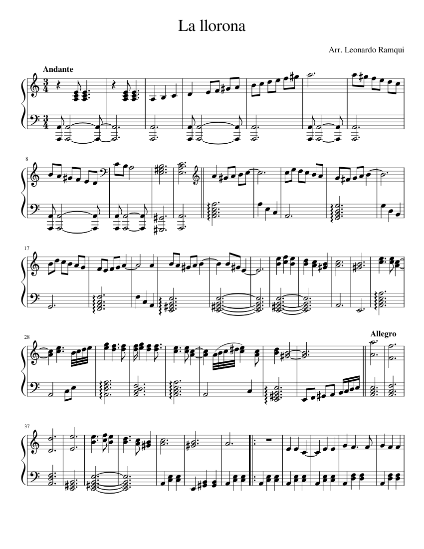 La Llorona - Arr.Leonardo Ramqui Sheet Music for Piano (Solo) Easy ...