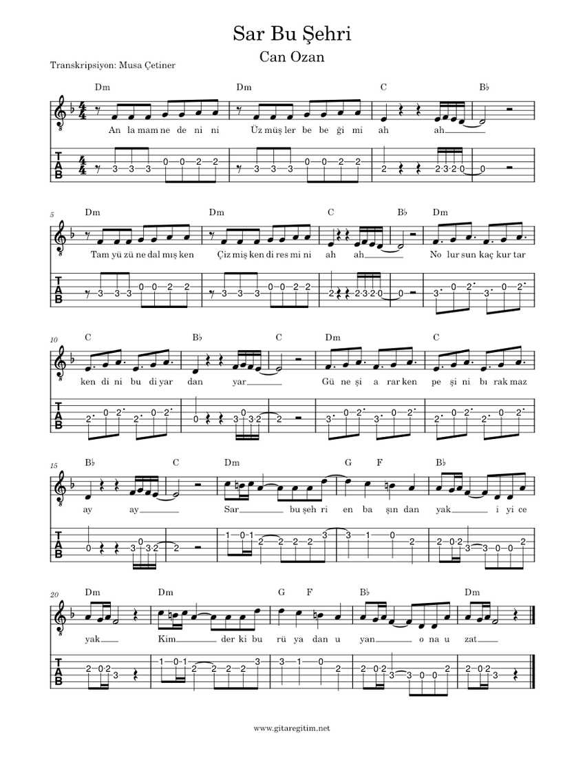 Sar Bu Şehri - Can Ozan Sheet Music and Tab with Chords for Guitar ...