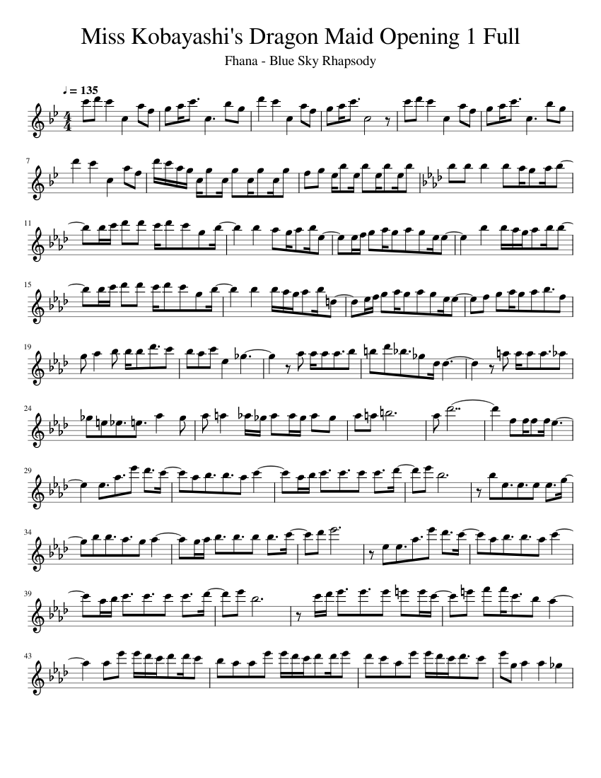 Miss Kobayashi's Dragon Maid Opening 1 Full Sheet music for Flute (Solo ...