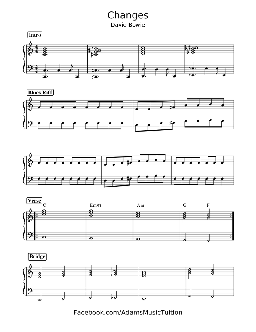 David Bowie - Changes Sheet Music with Chords for Piano (Solo) easy ...
