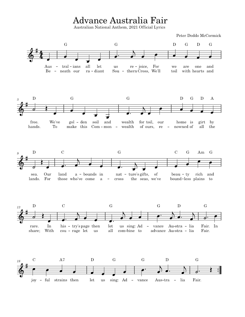 Advance australia fair – Misc Traditional Sheet Music with Chords for ...