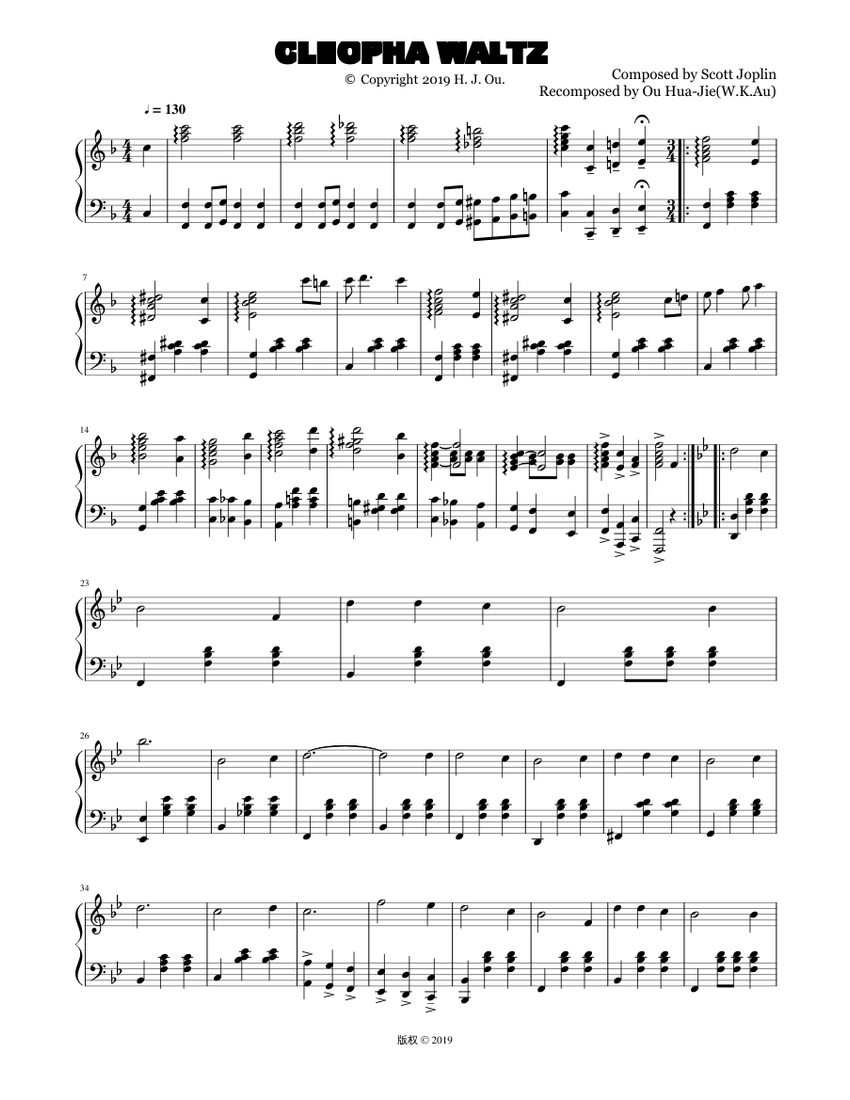 CLEOPHA - A RAGTIME WALTZ(Recomposed Scott Joplin's CLEOPHA by W.K. AU ...