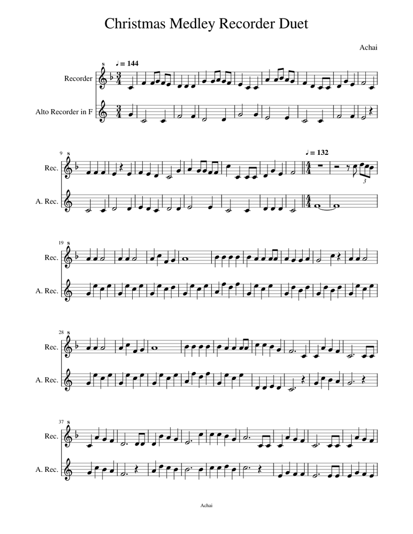 Christmas Medley Recorder Duet Sheet Music for Recorder (Woodwind Duet ...
