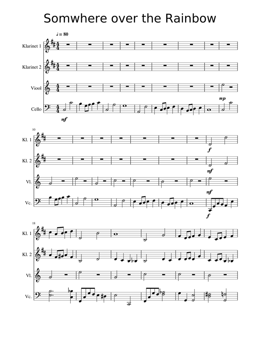 Somwhere over the Rainbow Sheet Music for Clarinet in b-flat, Violin ...
