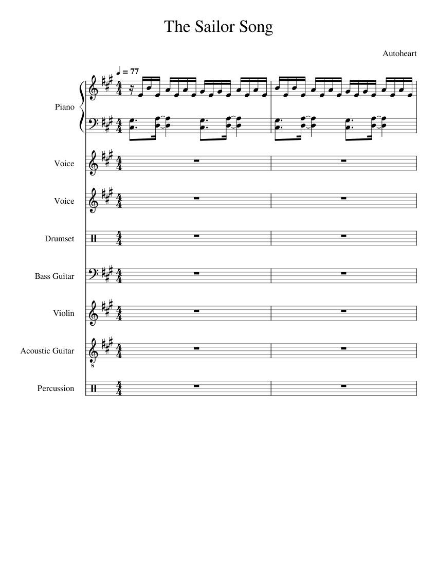 The Sailor Song - Autoheart Sheet Music for Piano, Vocals, Violin ...