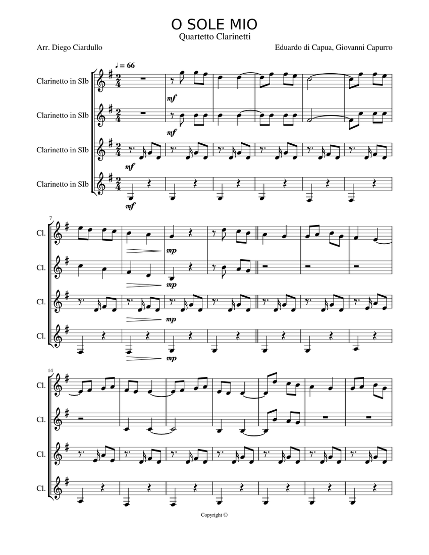 O sole mio Sheet music for Clarinet other (Mixed Quartet) | Musescore.com