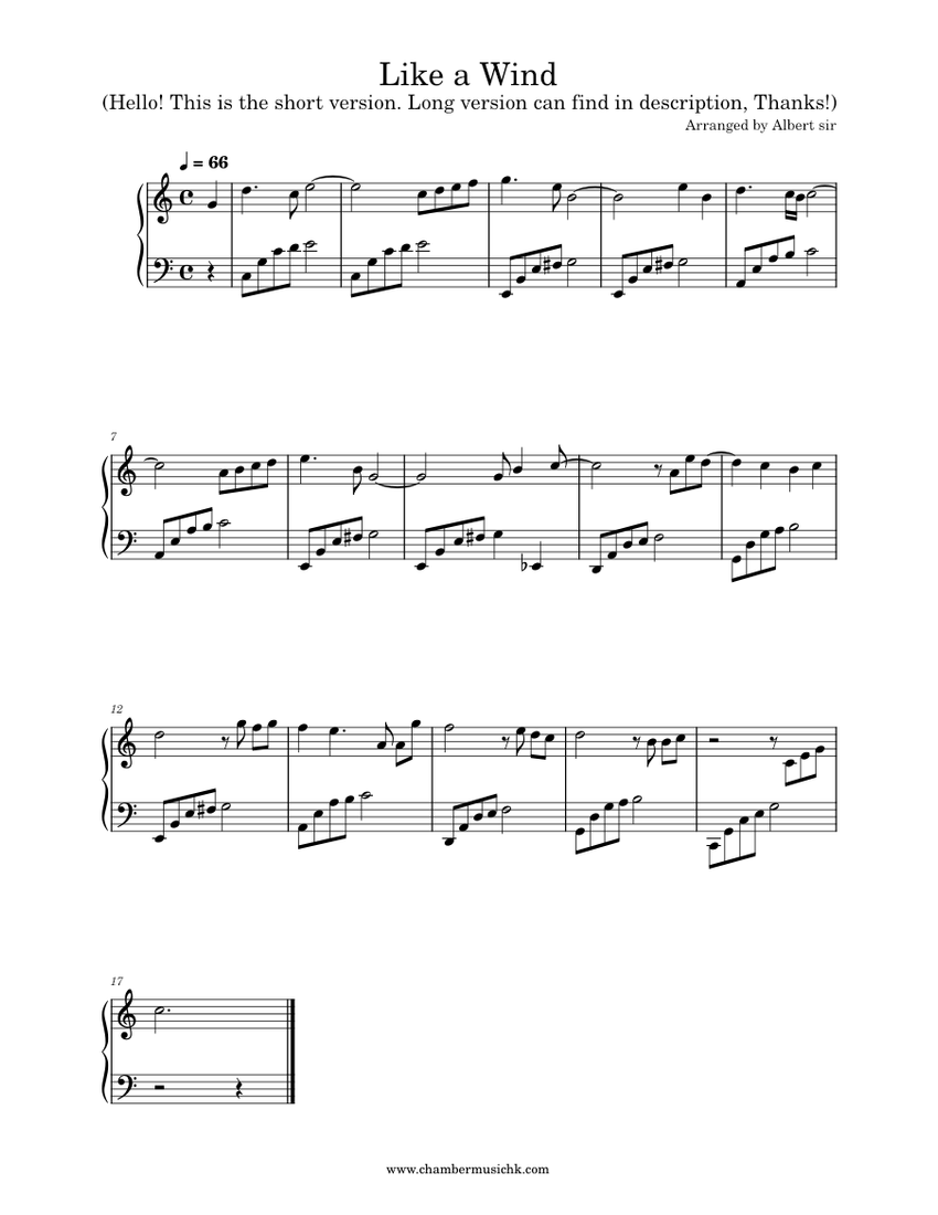 Like a Wind 【風のように】S.E.N.S. Sheet Music for Piano (Solo) easy ...