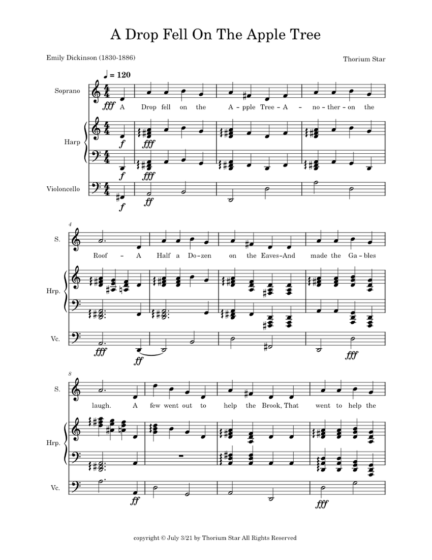 A Drop Fell On The Apple Tree Sheet music for Soprano, Cello, Harp ...