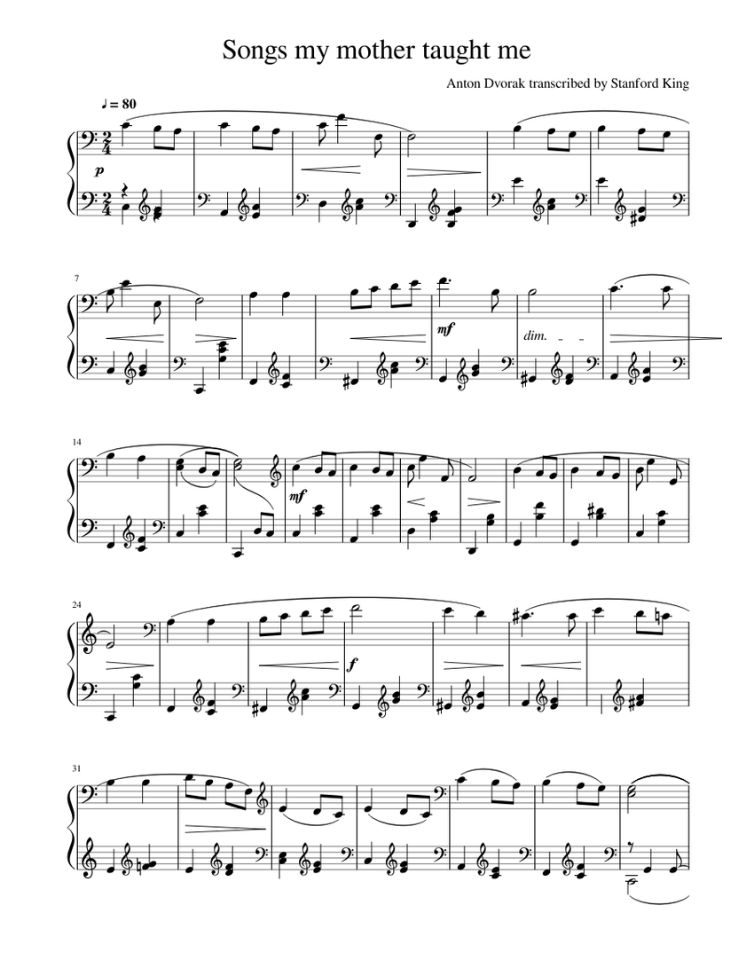 Songs my mother taught me - A. Dvorak Sheet Music for Piano (Solo) easy ...