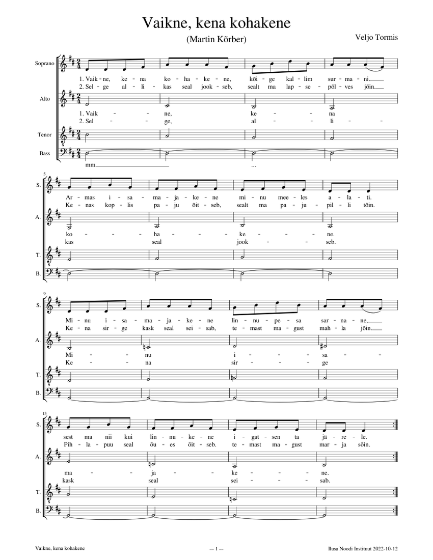 Vaikne kena kohakene Sheet music for Soprano, Alto, Tenor, Bass voice ...