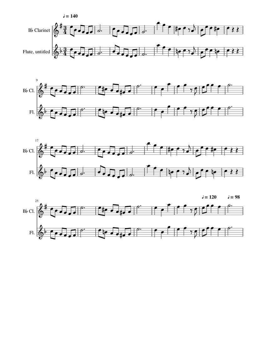 Bb Mozart Duet for Flute & Guitar Deutscher Tanz Clarinet Sheet music ...