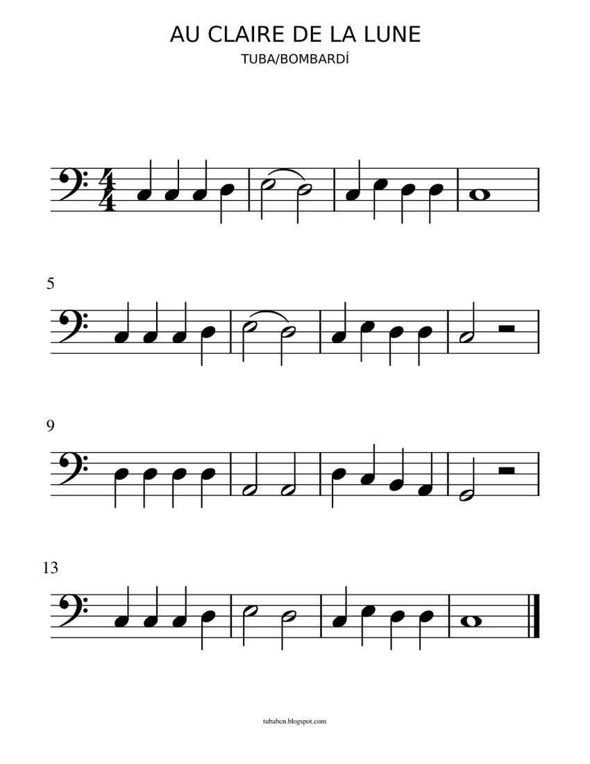 AU CLAIRE DE LA LUNE tuba sense notes Sheet music for Piano (Solo) Easy ...