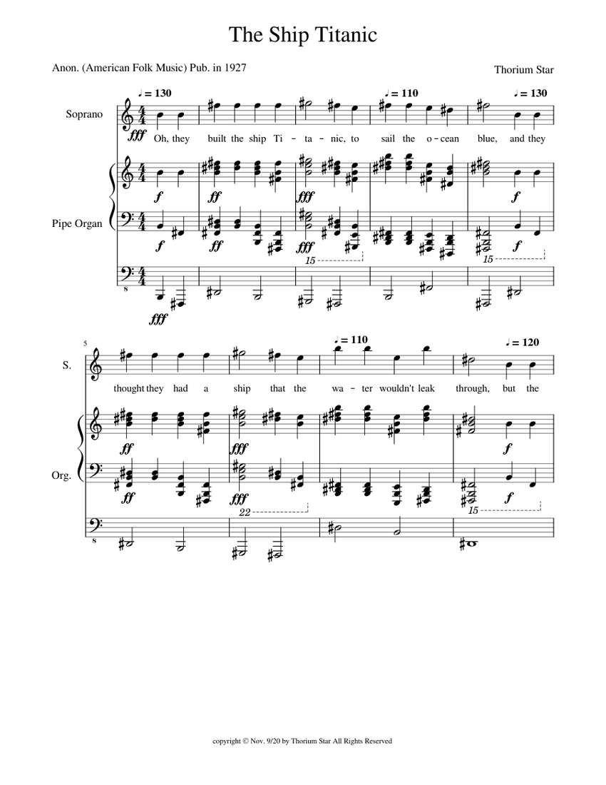 The Ship Titanic, Words by Anon., Folk Song Pub. in 1927, Music © by ...