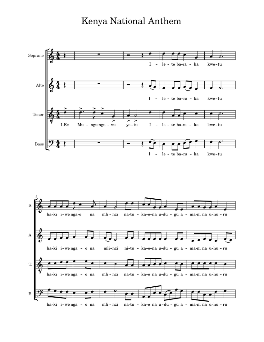 Kenya_National_Anthem Sheet Music for Soprano, Alto, Tenor, Bass voice ...