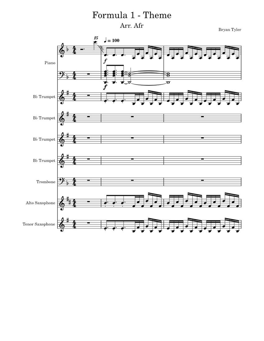 F1 Theme – Brian Tyler Sheet Music for Piano, Trombone, Saxophone alto ...