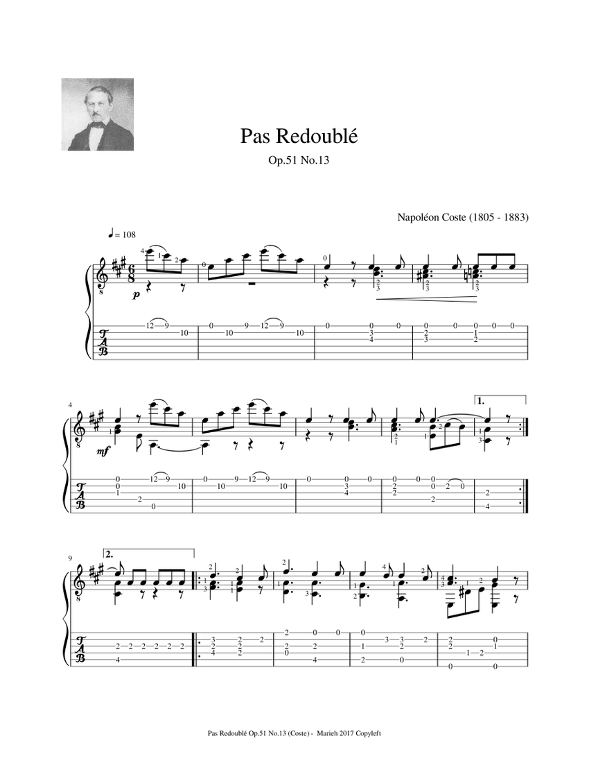 Pas Redoublé Op.51 No.13 - Napoléon Coste (1805 - 1883) - Tablature ...