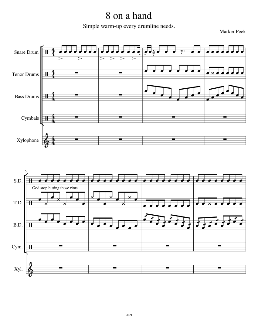 8 on a hand - Essential Drumline Warm Ups Sheet Music for Snare drum ...