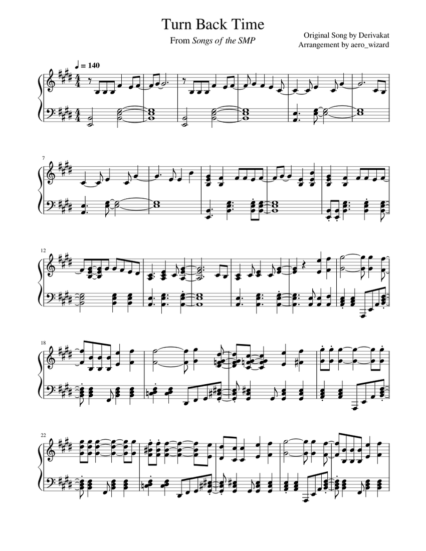 Turn Back Time by Derivakat (Dream SMP Song) Sheet Music for Piano ...