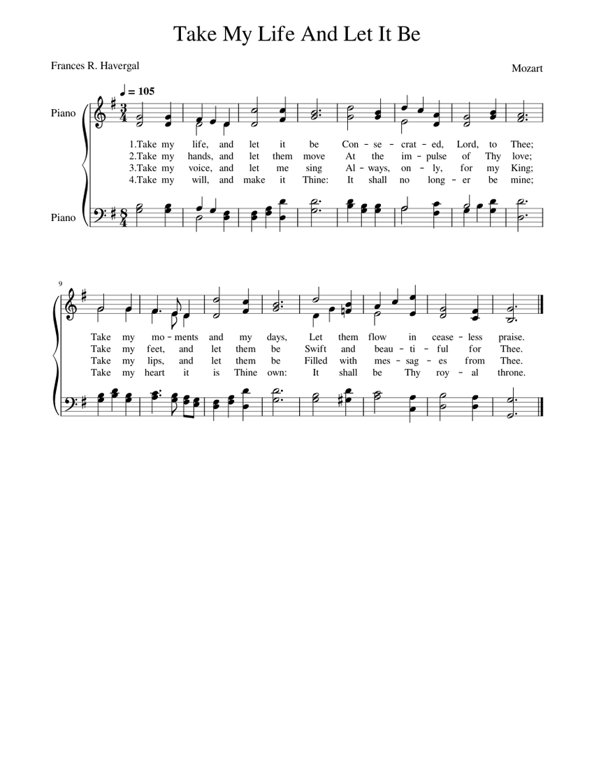 Take My Life And Let It Be - Mozart Sheet Music for Piano (Piano Duo ...