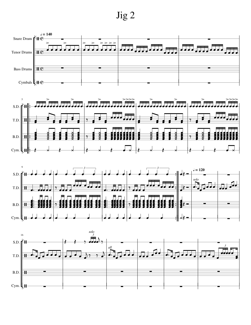 Jig 2 Sheet music for Snare drum, Crash, Tenor drum, Bass drum (Mixed ...