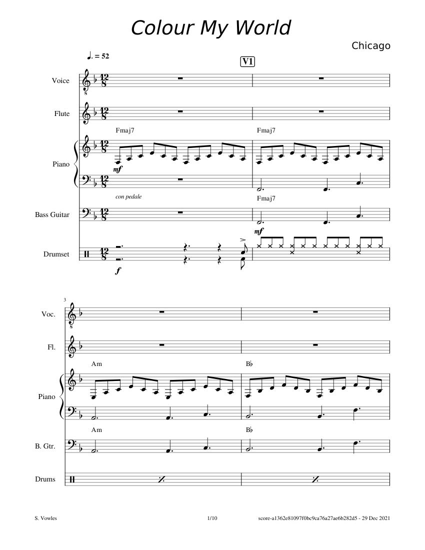 Colour My World (Chicago) Sheet Music with Chords for Piano, Tenor ...