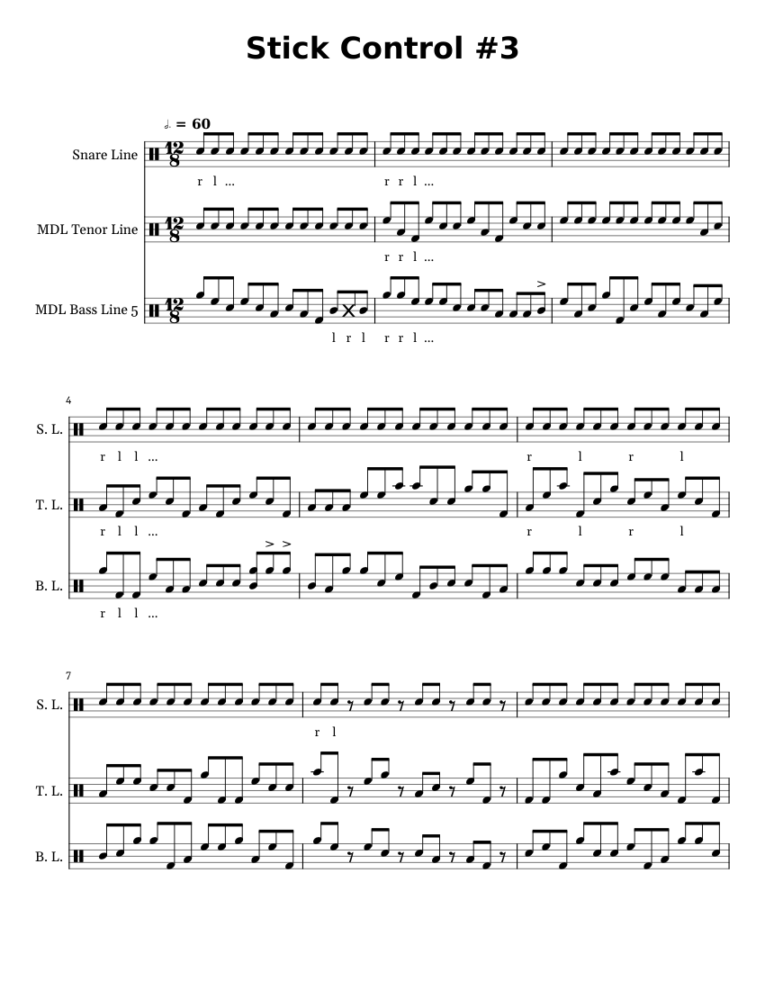 Stick Control #3 Sheet music for Snare drum, Tenor drum, Bass drum ...