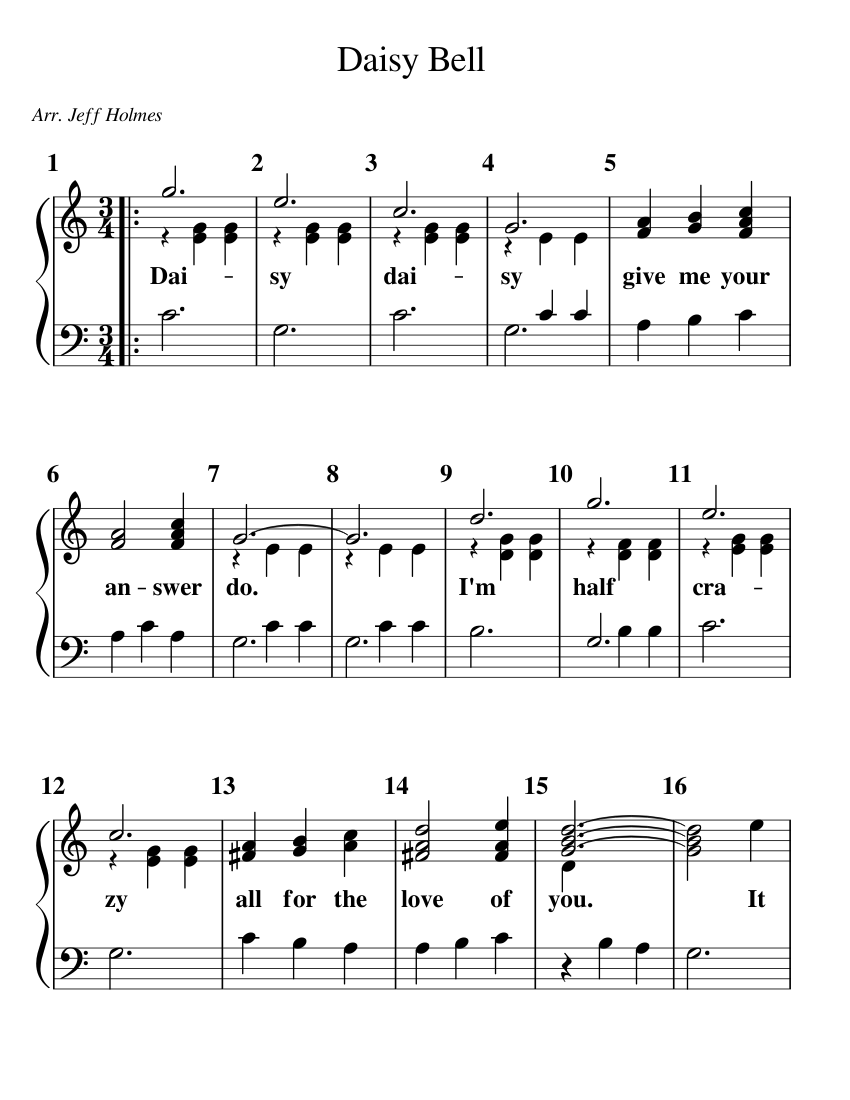 Daisy Bell - Bicycle Built for Two Sheet Music for Piano (2 Octave ...