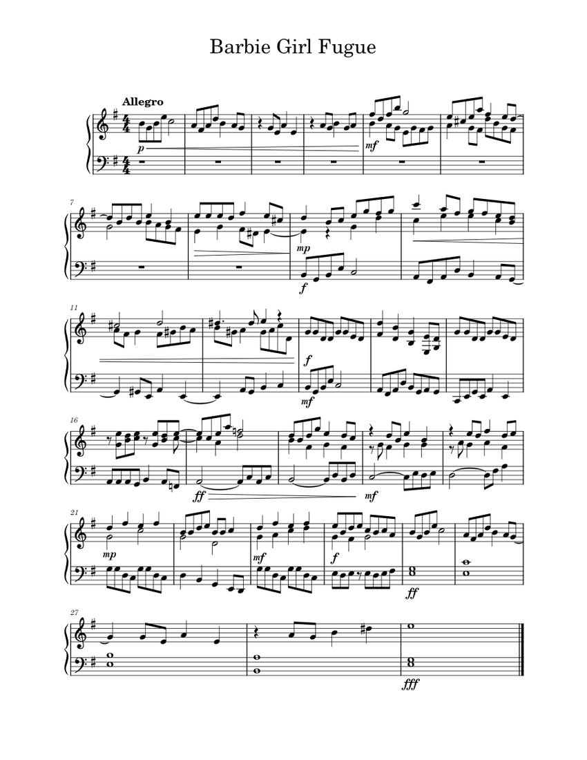 Barbie Girl Fugue Sheet music for Piano (Solo) | Musescore.com