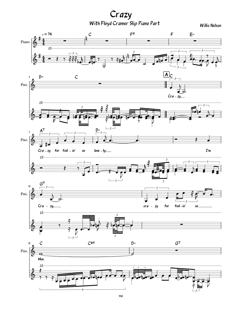 Crazy with Floyd Cramer Slip Piano Part (Lead sheet with lyrics ...