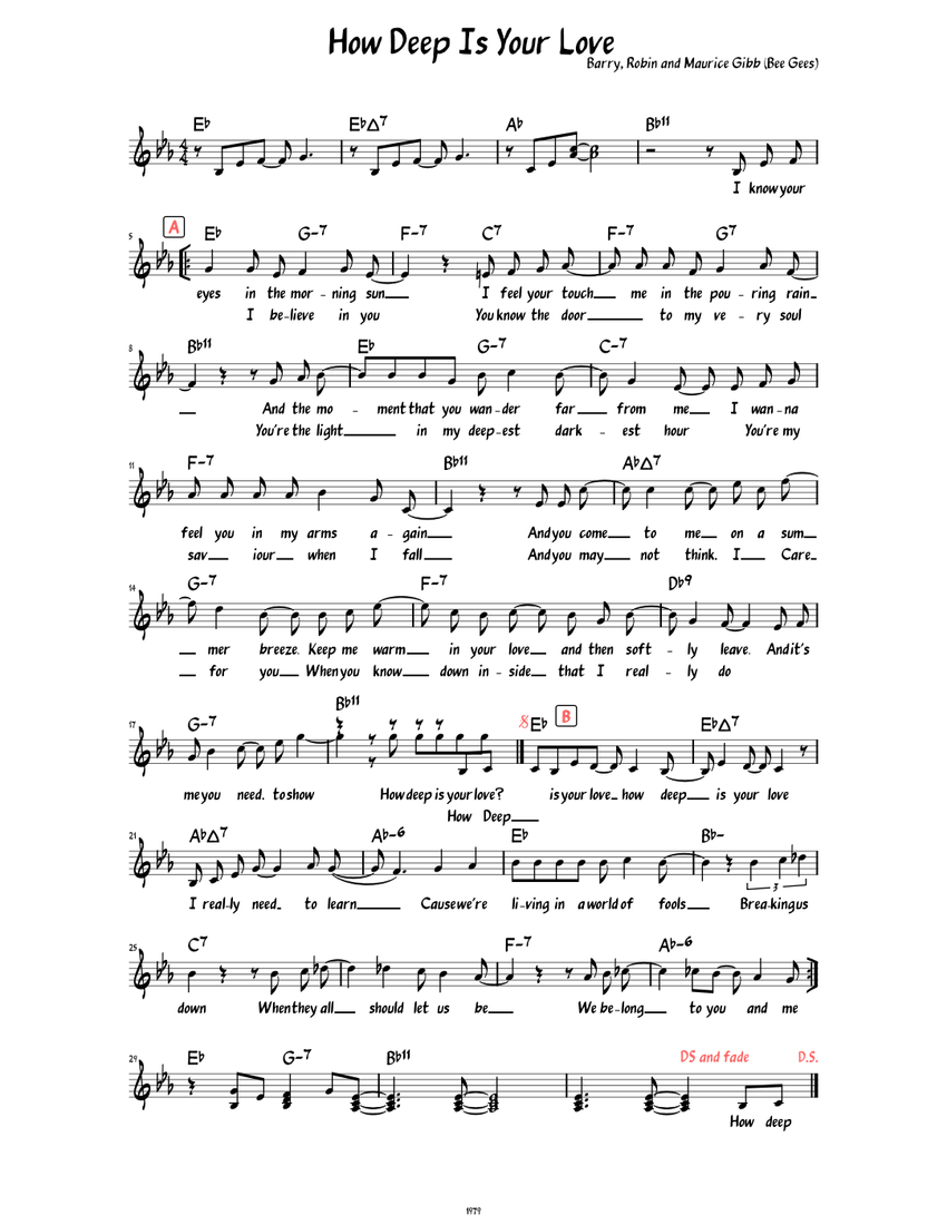 How Deep Is Your Love (Lead sheet with lyrics ) Sheet music for Piano ...