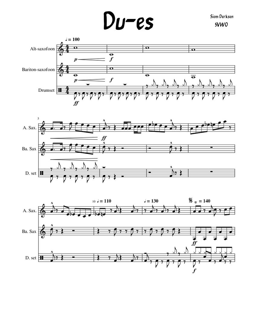 Sax duet (+ drumset) Sheet Music for Saxophone alto, Saxophone baritone ...