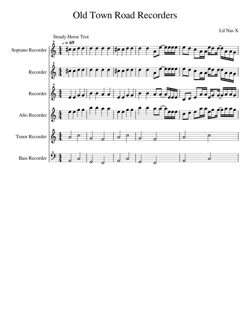 Old Town Road (Recorders) Sheet Music with Chords for Recorder ...