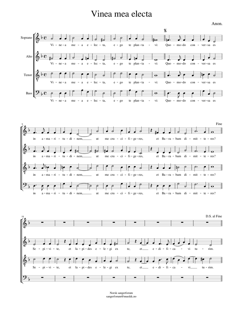 Vinea mea electa – Anonymous Sheet music for Soprano, Alto, Tenor, Bass ...