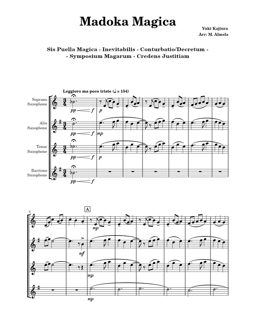 Puella magi madoka magica ost – Yuki Kajiura - Medley for Sax Quartet ...