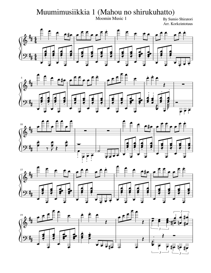 Moomin Music 1 - Mahou no shirukuhatto (Muumimusiikkia 1) Sheet Music ...