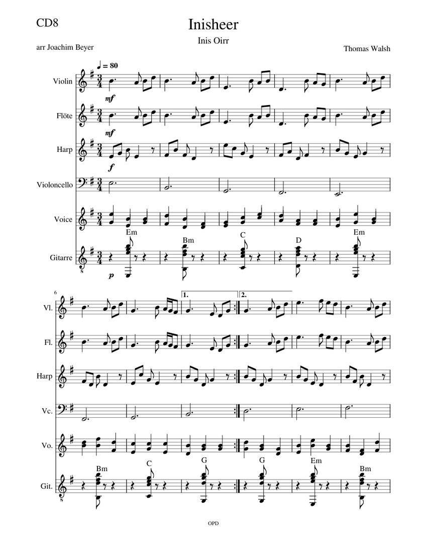 Inisheer Sheet Music with Chords for Vocals, Flute, Violin, Cello ...