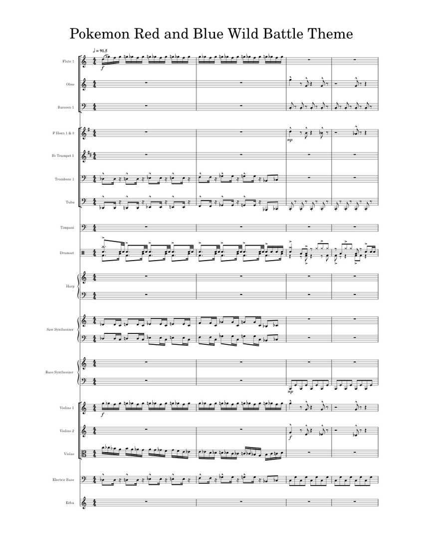 Pokemon R/B/Y Wild Battle Theme Sheet Music for Trombone, Tuba, Flute ...