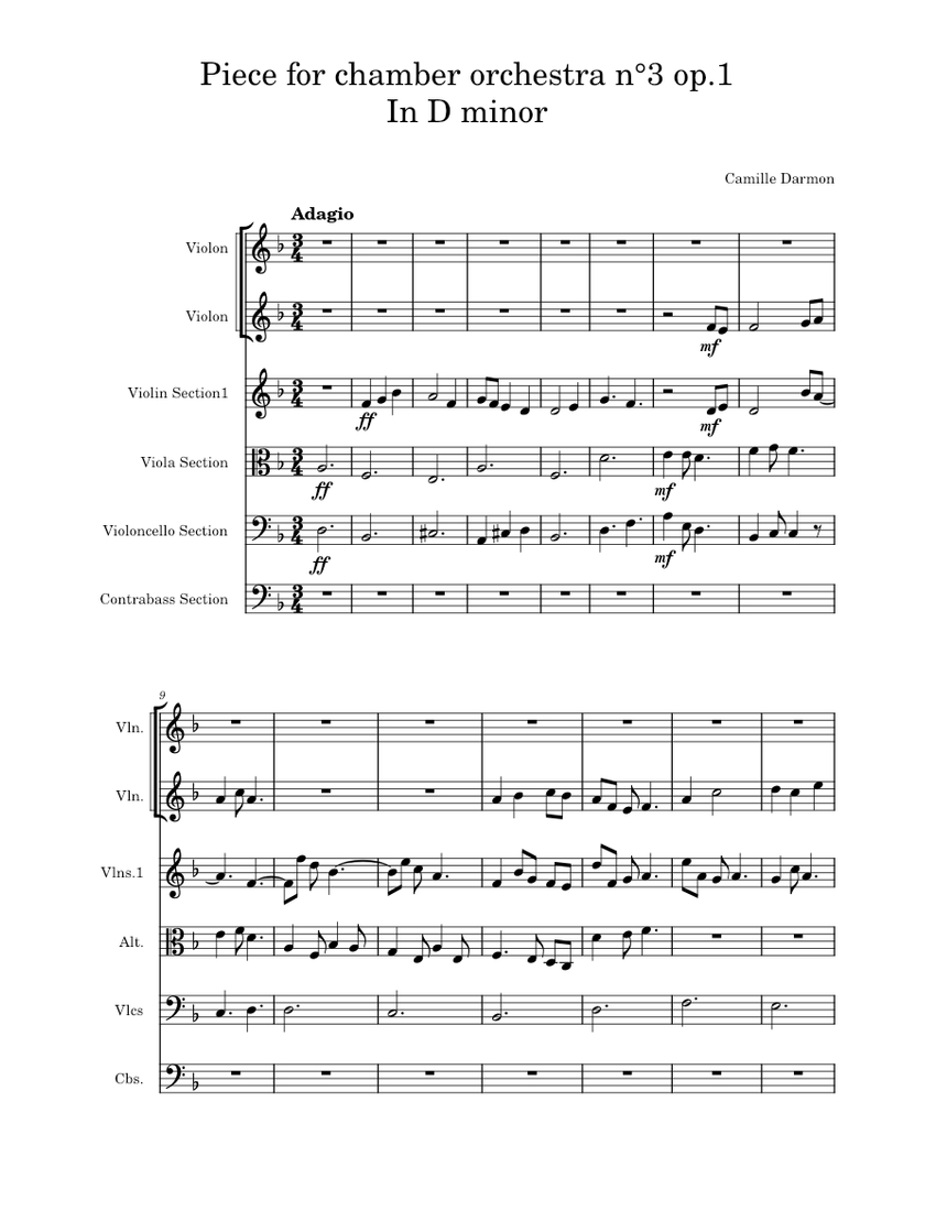 Piece for chamber orchestra in D minor - Camille Darmon Sheet music for Violin, Strings group ...
