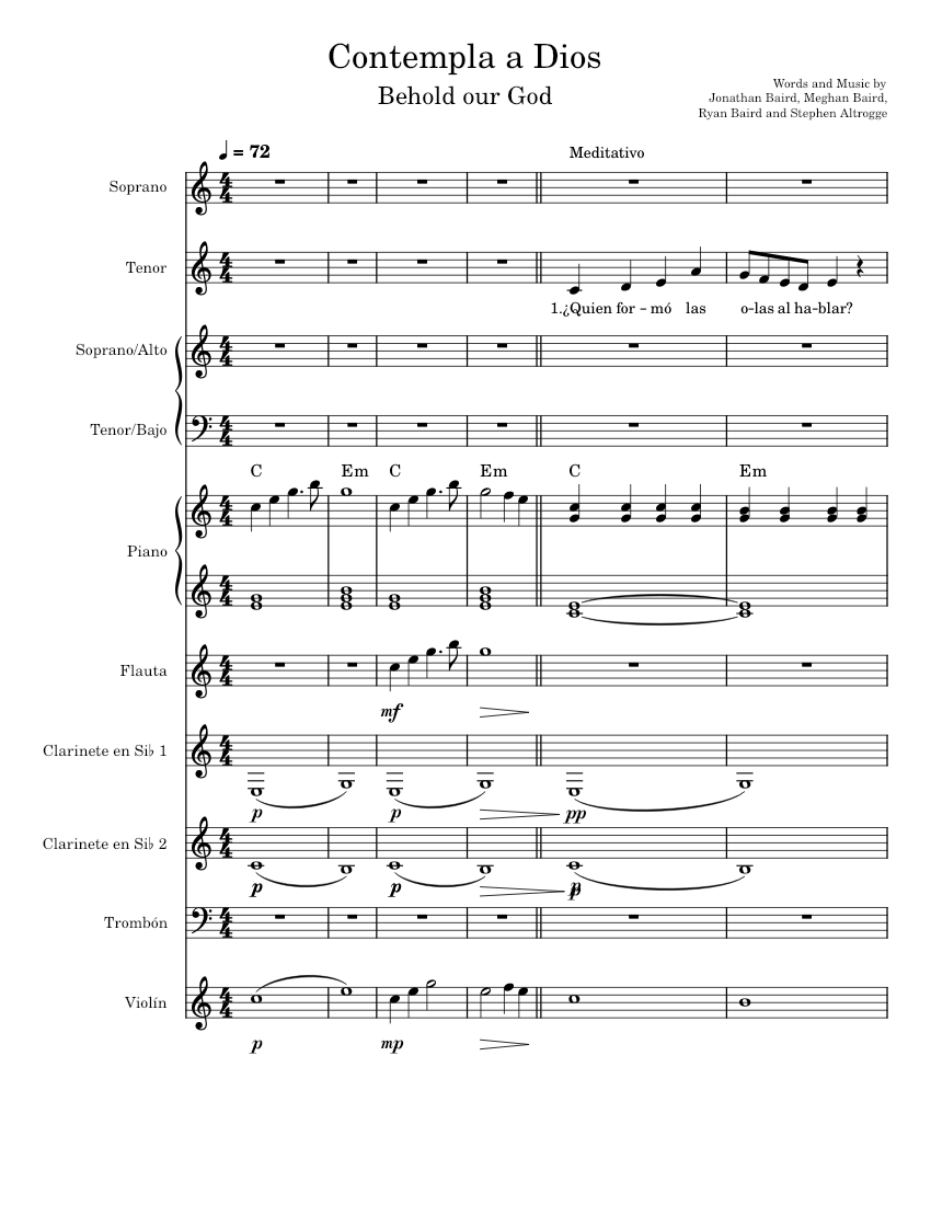 Contempla a Dios - Behold our God - Ensamble y doble cuarteto Sheet Music with Chords for Piano ...