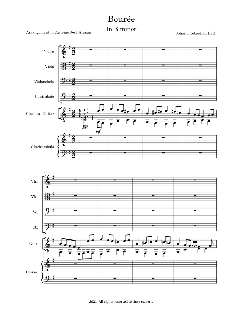 Bourée – Johann Sebastian Bach Sheet Music for Harpsichord, Contrabass ...