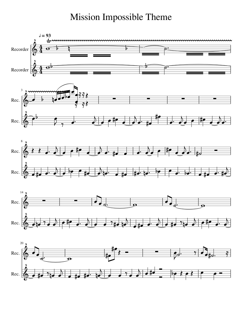 Mission Impossible Theme Sheet Music for Recorder (Woodwind Duet ...